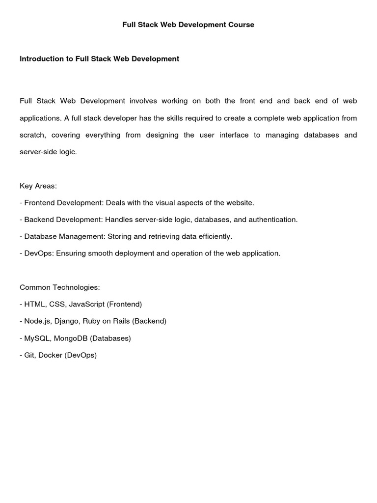 Full Stack Web Development Course Pdf Web Development World Wide Web