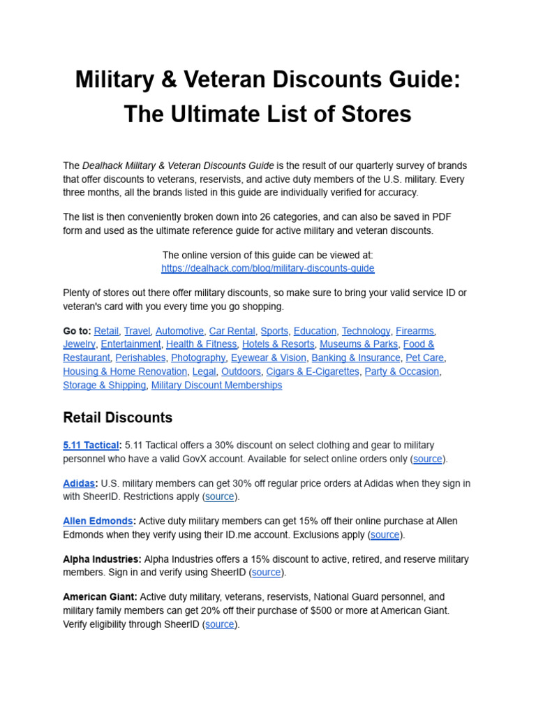 Military Veteran Discount Guide | PDF | Car Rental | Discounts And ...