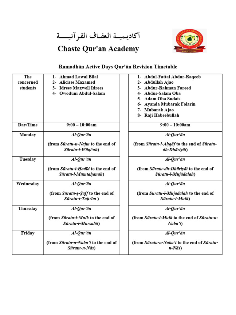 Ramadhān Qur'an & Arabiyyah Timetable | PDF | Quran | Islam