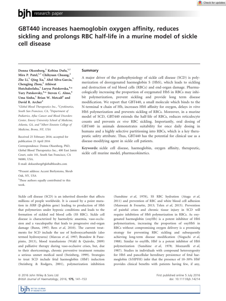 GBT440 Increases Haemoglobin Oxygen Affinity, Reduces Sickling and ...
