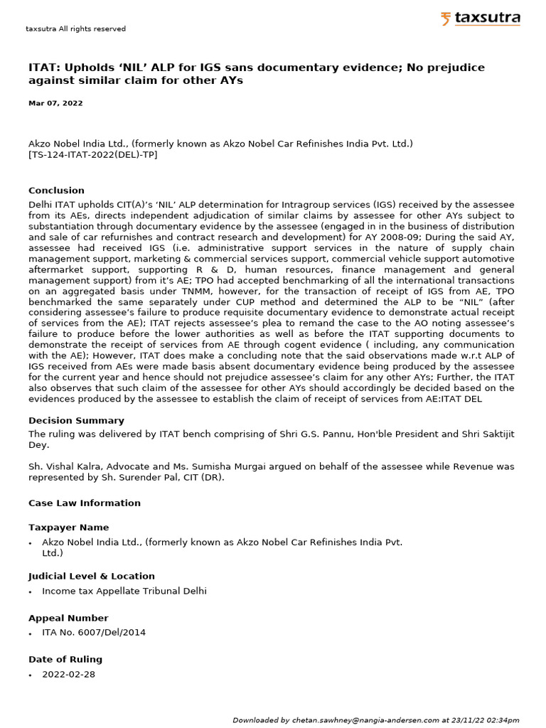 ITAT Ruling on Akzo Nobel ALP Dispute | PDF | Business