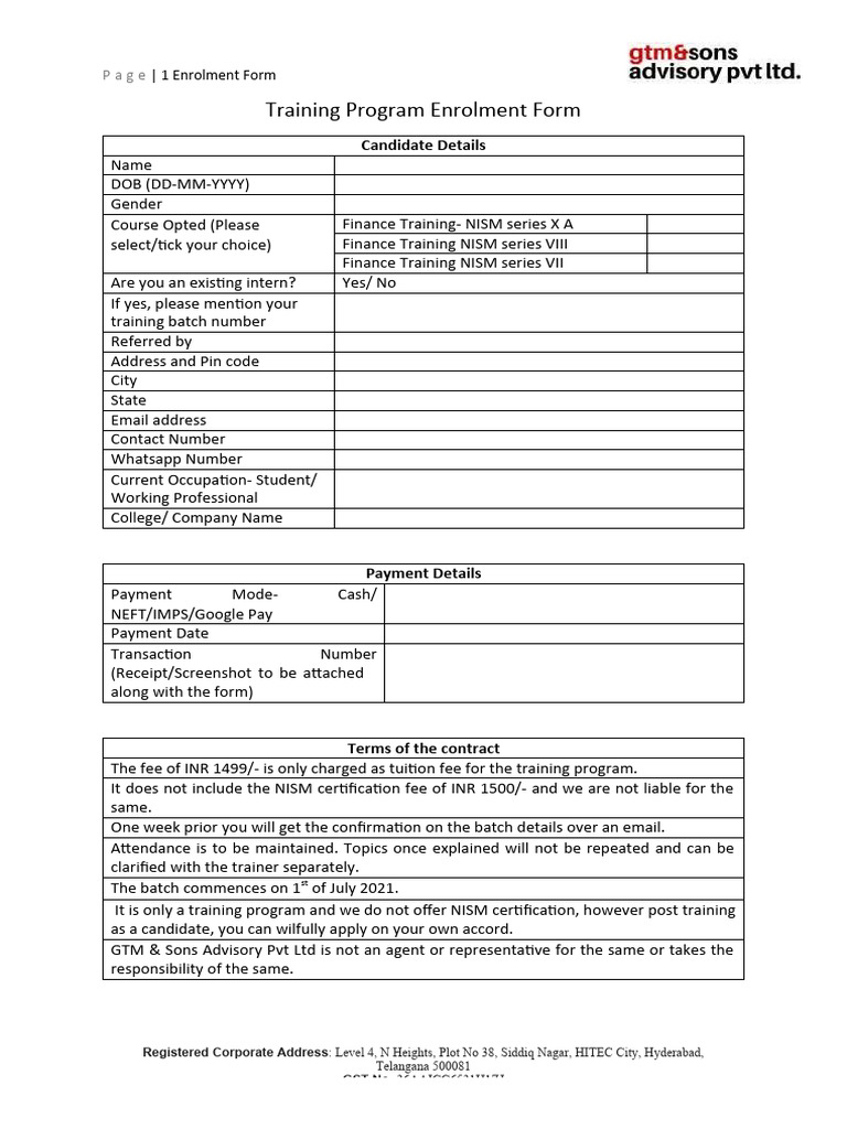 Finance Training Program Enrolment Form | PDF | Business | Payments