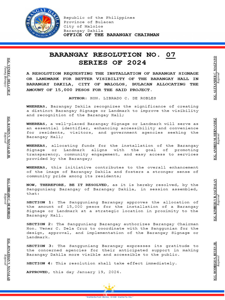 Reso 07 2024 Barangay Signage Barangay Dakila Pdf