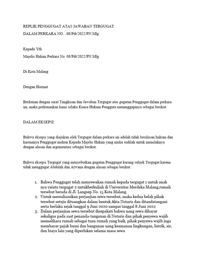Replik Penggugat Atas Jawaban Tergugat | PDF