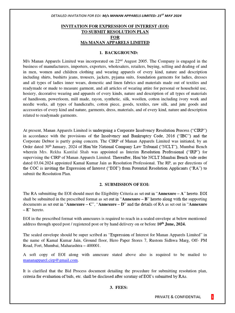 Detailed Expression of Interest - Manan | PDF | Bankruptcy | Clothing