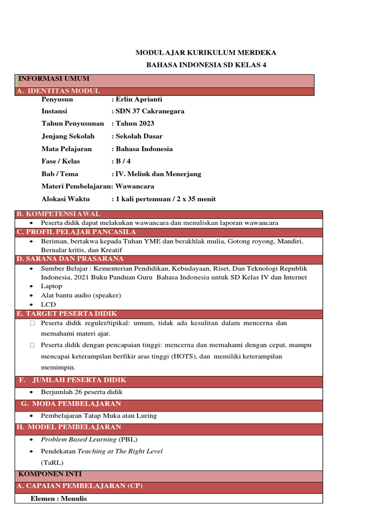 Modul Ajar TARL Erlin Fix | PDF