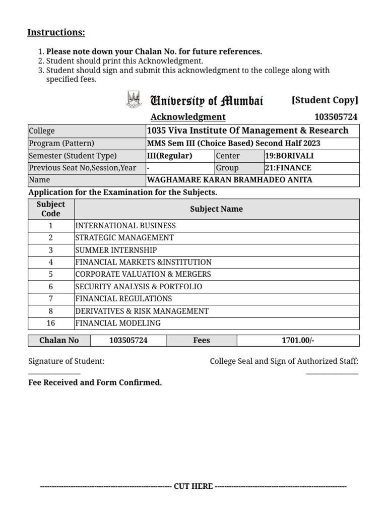 MMS Exam Form Acknowledgmen | PDF | Derivative (Finance) | Valuation (Finance)