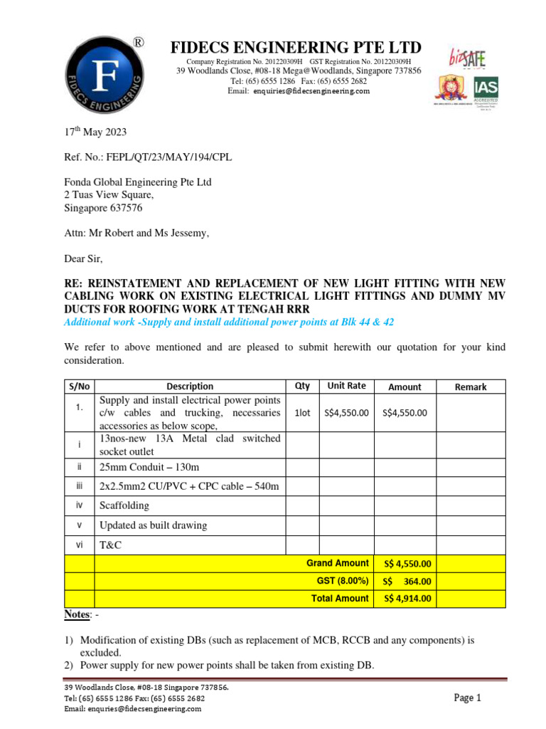 Quotation for Electrical Installation Services | PDF | Business ...
