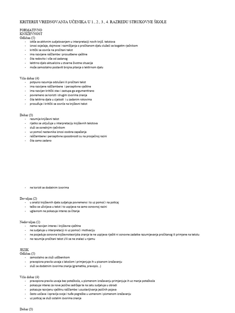 Kriteriji Vrednovanja Učenika U 1., 2., 3., 4. Razredu Strukovne Škole | PDF