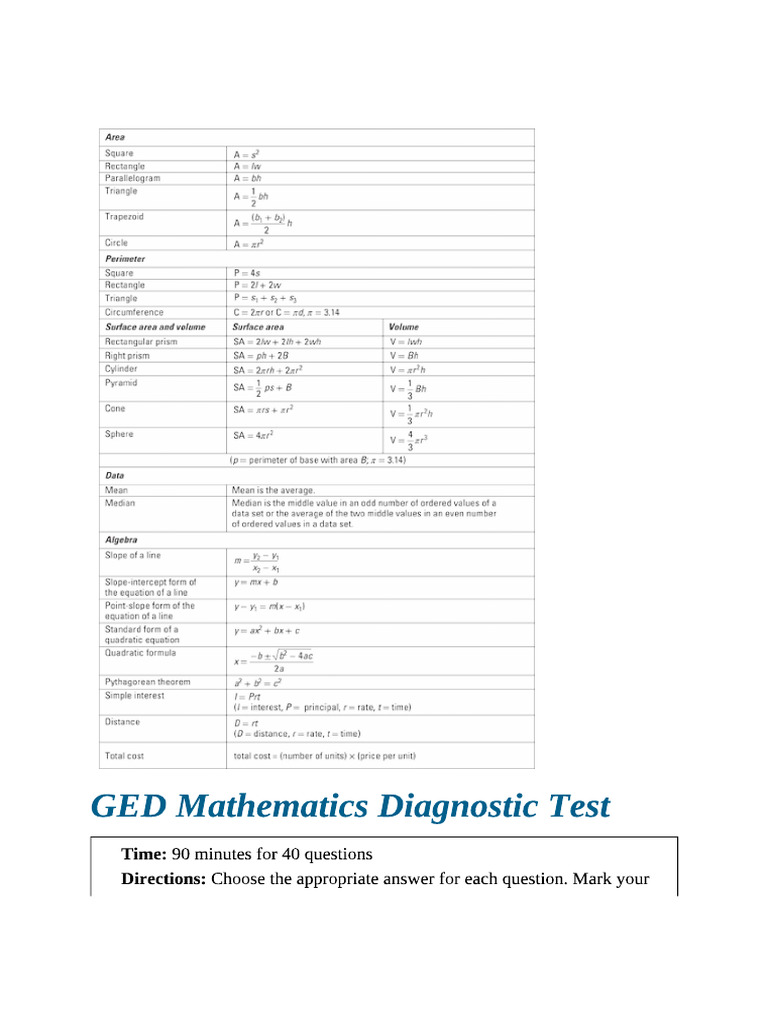 Ged Math Pre Test 2024 | PDF