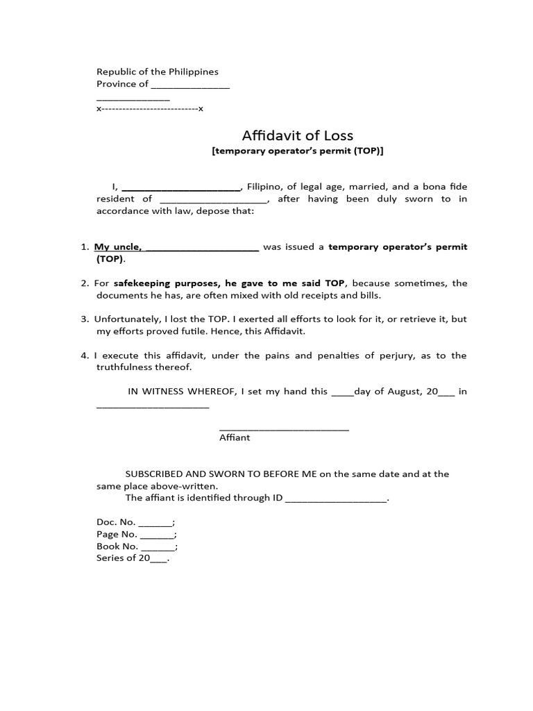 Affidavit of Loss Temporary Operator's Permit TOP | PDF | Law