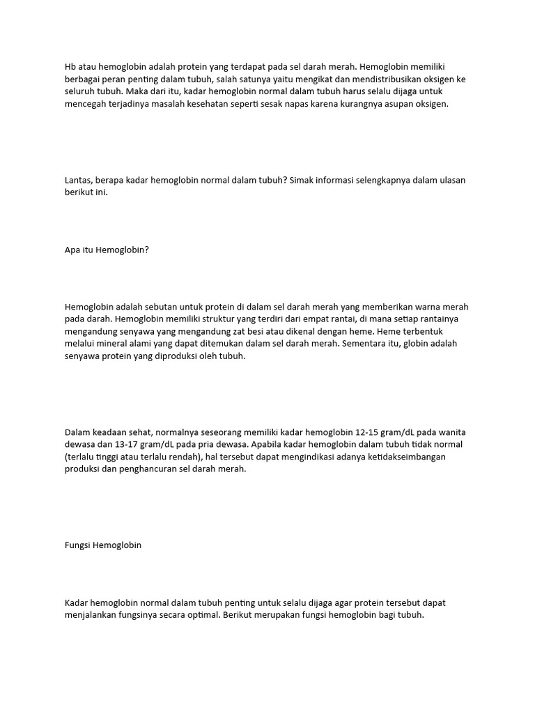Kadar Hemoglobin Normal dan Fungsinya | PDF