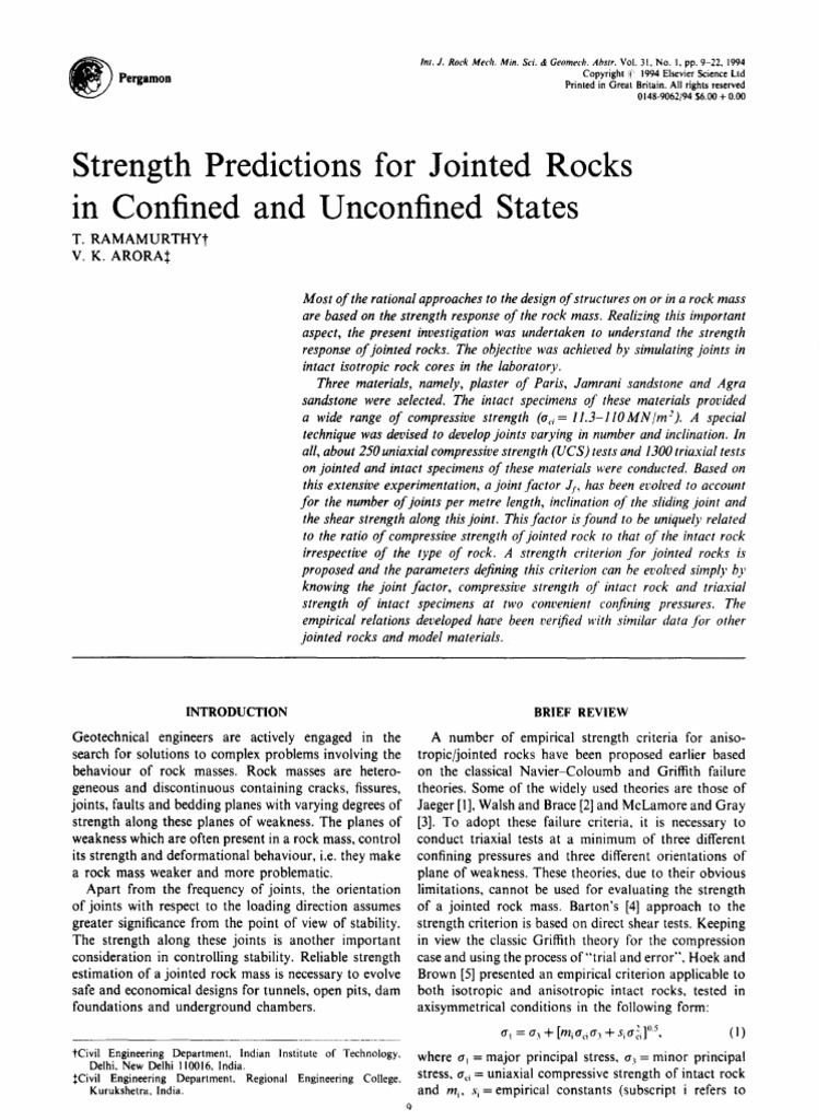 Strength Predictions For Jointed Rocks | PDF