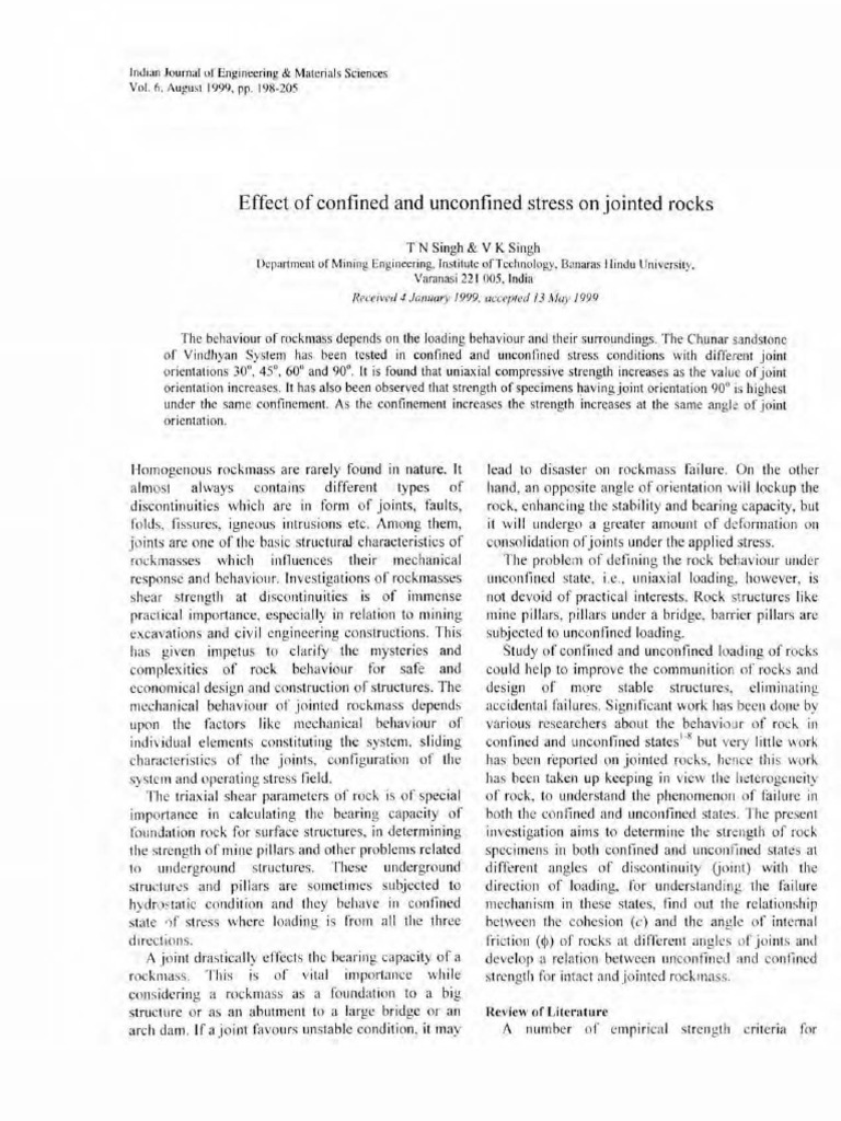 Effect of Confined and Unconfined Stress On Jointed Rocks, TN Singh, VK Singh | PDF