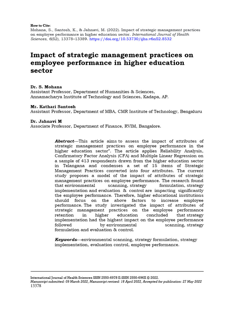 Impact of Strategic Management Practices On Employee Performance in Higher Education | PDF ...