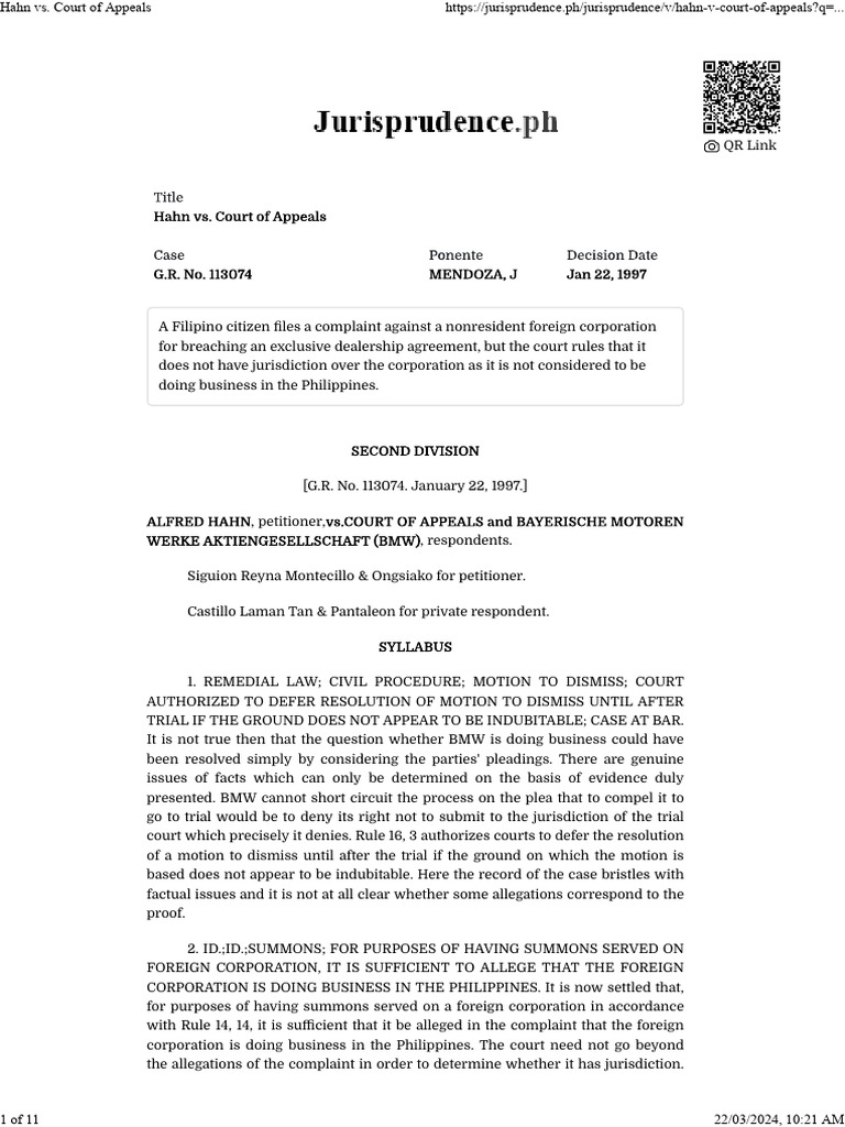 Hahn vs. Court of Appeals (Full Text) | PDF | Assignment (Law) | Complaint