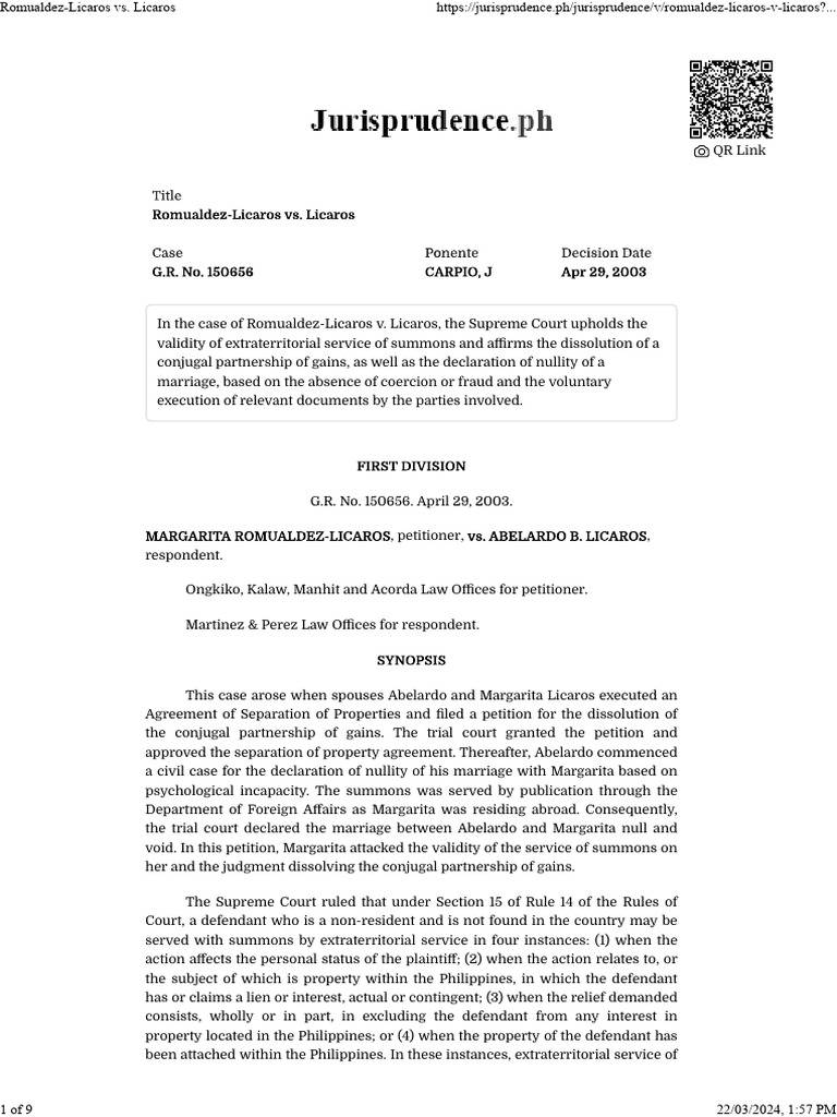 Romualdez-Licaros vs. Licaros (Full Text) | PDF | In Rem Jurisdiction | Annulment