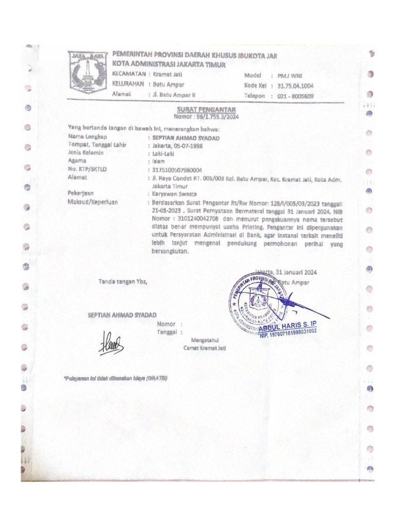 contoh surat pm 1 dari kelurahan | PDF