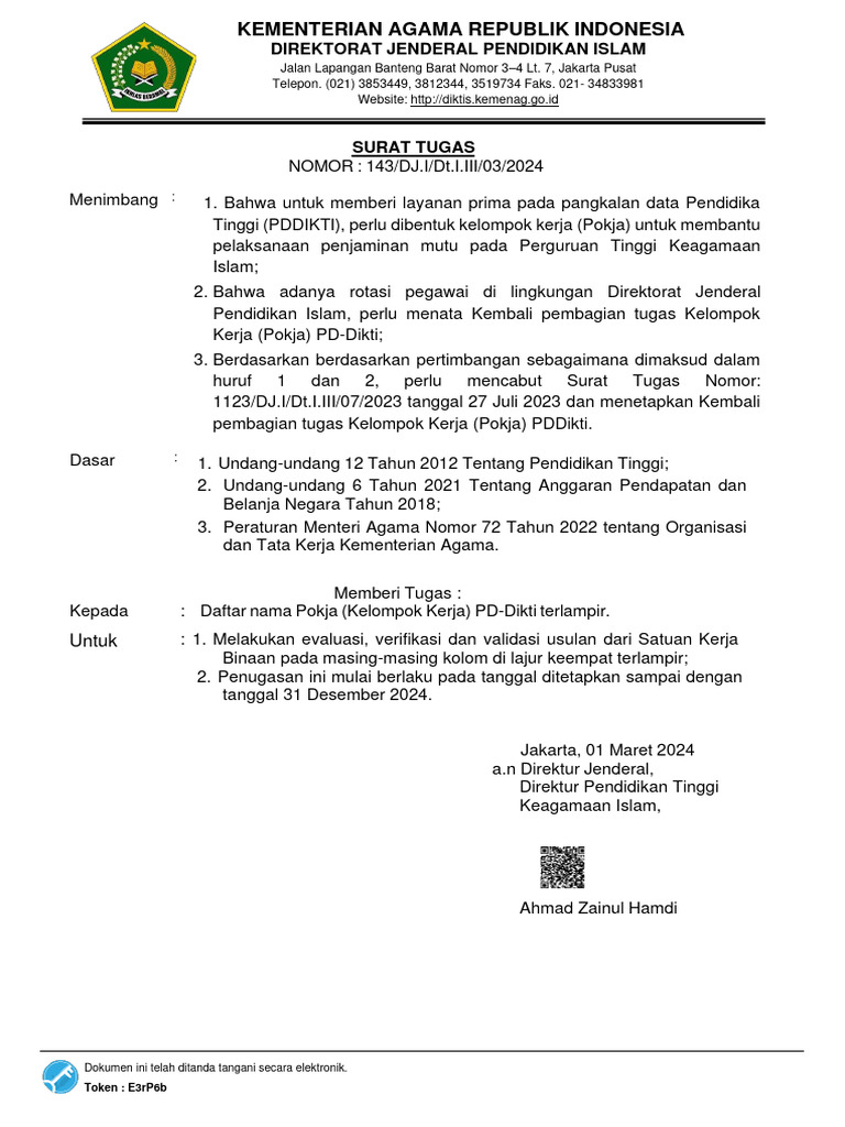 Surat Tugas POKJA PDDIKTI | PDF