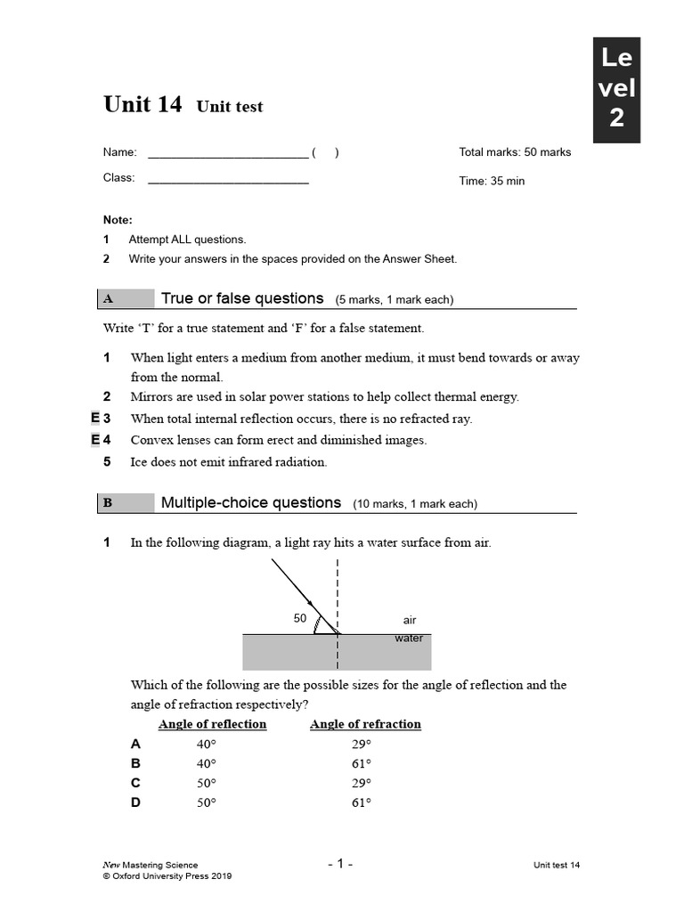 Unit 14 Unit Test (Level 2) | PDF | Light | Reflection (Physics)