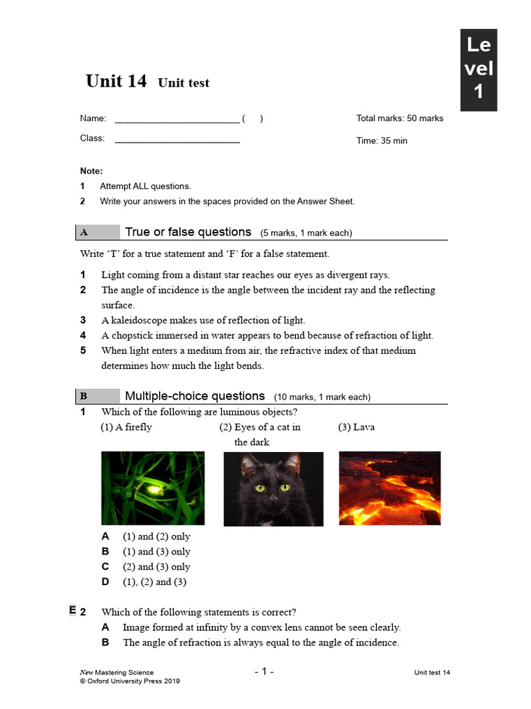 Unit 14 Unit Test (Level 1) | PDF | Light | Reflection (Physics)