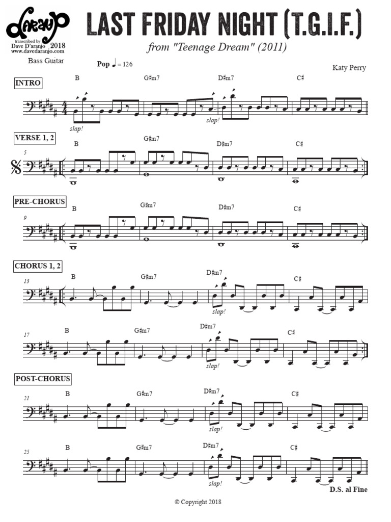 Last Friday Night (T.G.I.F.) - Katy Perry - Bass Guitar | PDF