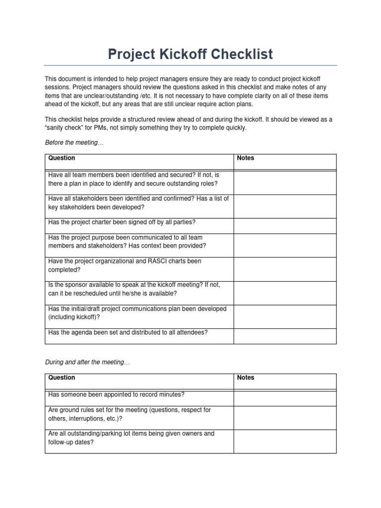 Project Kickoff Checklist | PDF | Career & Growth