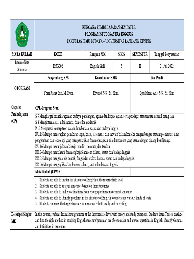 RPS Intermediate Grammar | PDF | English Grammar | Verb