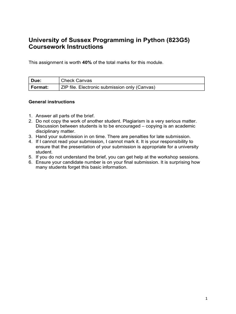 University of Sussex Programming in Python (823G5) Coursework ...