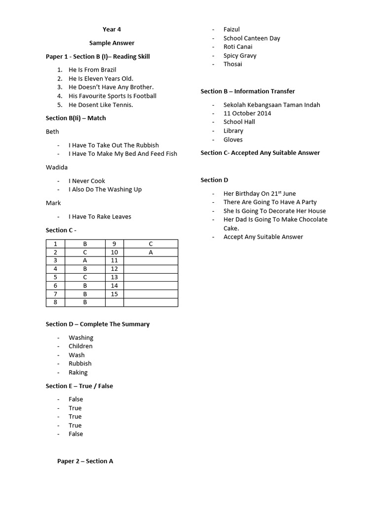 JAWAPAN ENGLISH YEAR 4,5&6 | PDF