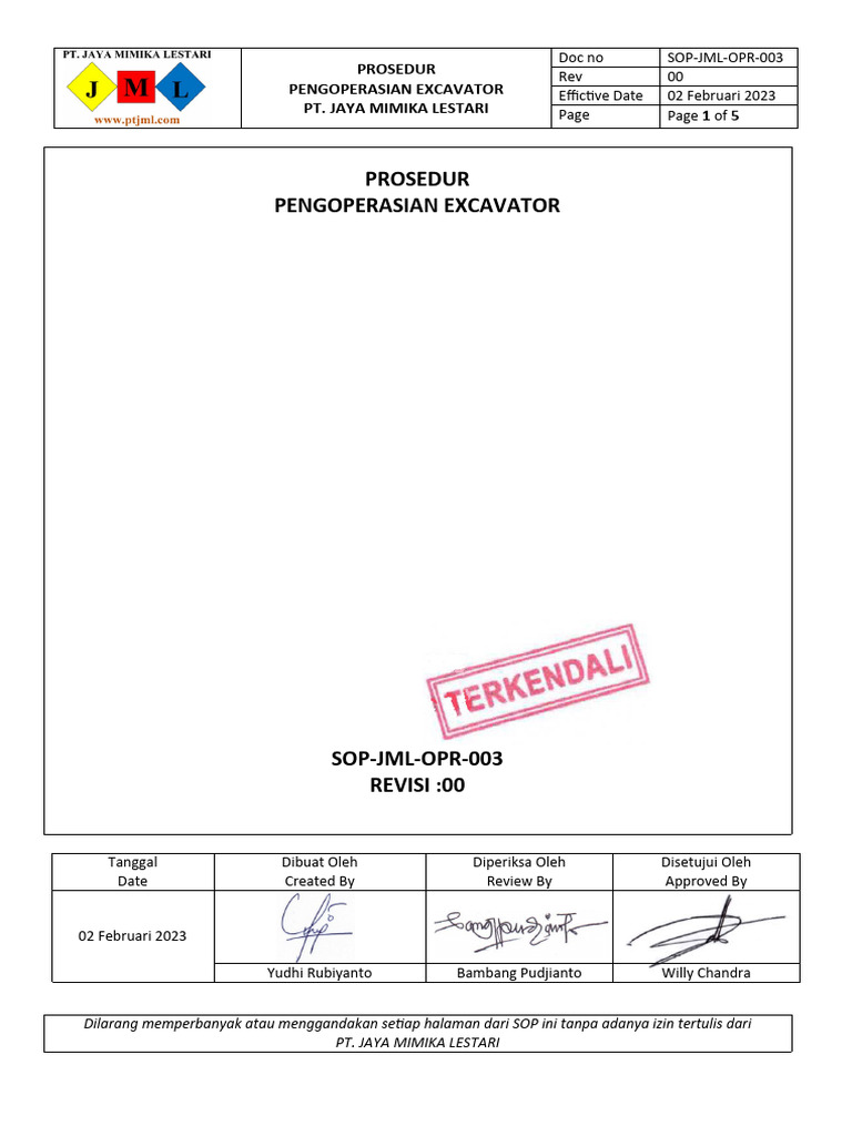 SOP-JML-OPR-003 - Prosedur Penggunaan Excavator | PDF