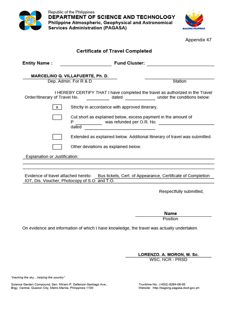 Cert of Travel Completed | PDF