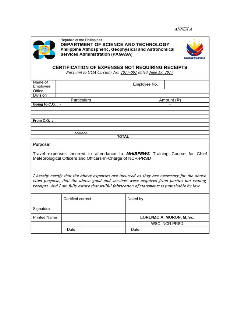 Certification of Expenses Not Requiring Receipts | PDF | Finance & Money Management