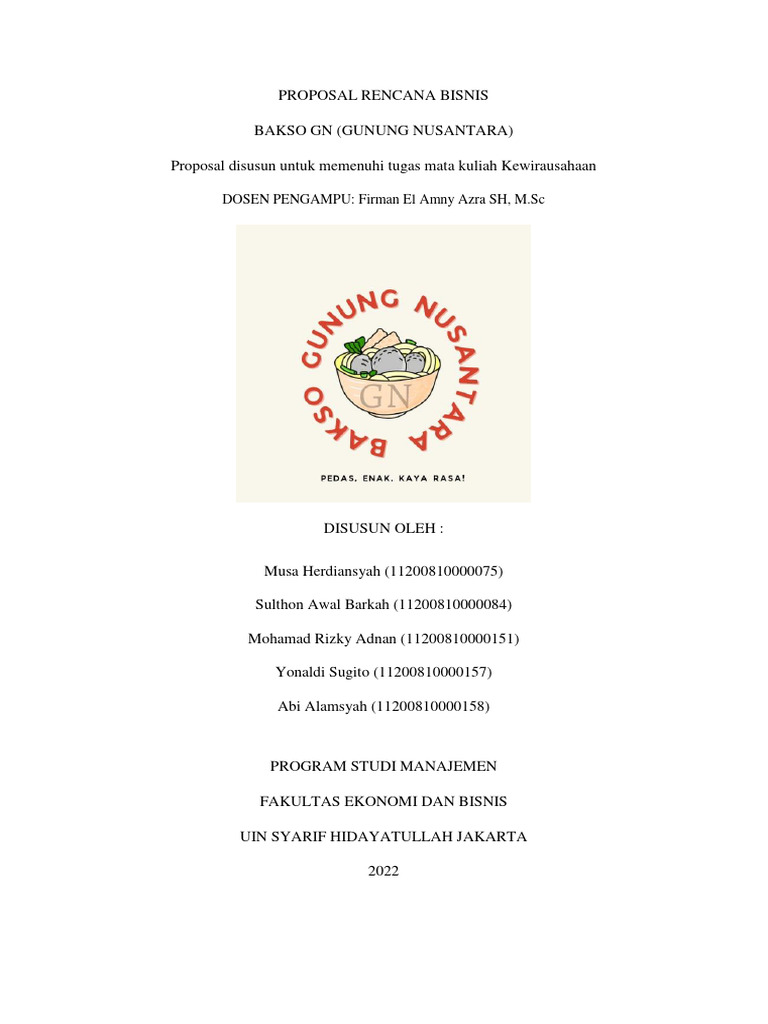 Proposal Rencana Bisnis Bakso GN (Gunung Nusantara) - Kelompok 4 | PDF