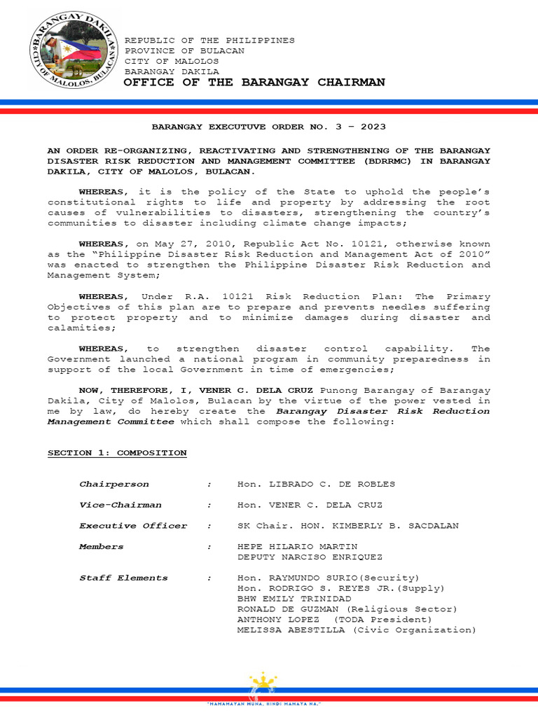 Eo 13 - 2023 (BDRRMC) | PDF | Disaster Risk Reduction | Safety