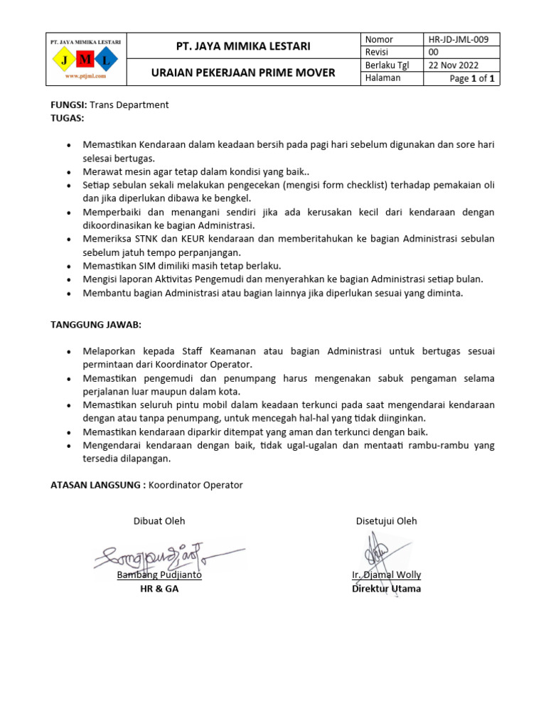 Job Deskripsi Driver Prime Mover | PDF