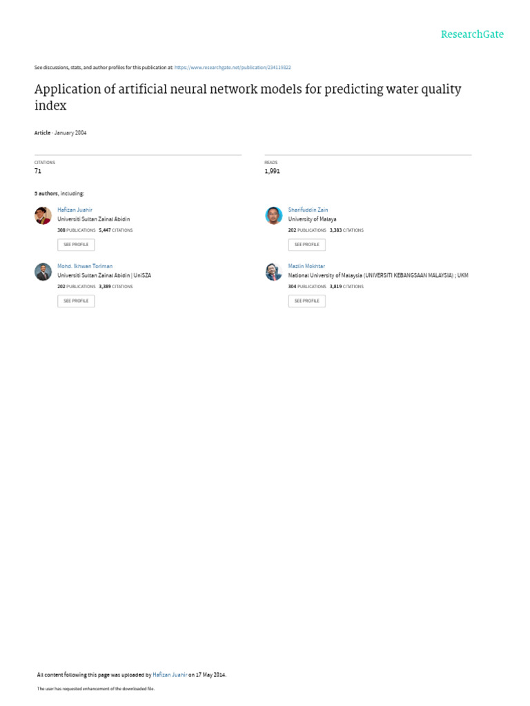 Application Of Artificial Neural Network Models For Predicting Water Quality Index Pdf