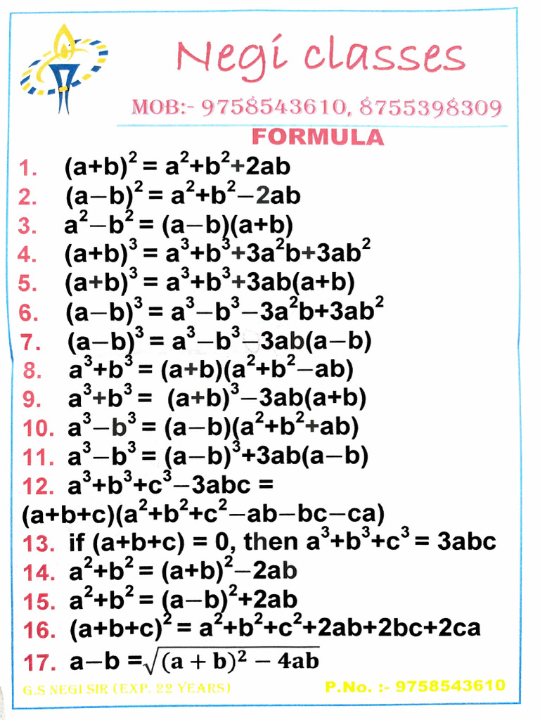Algebraic Formulas | PDF