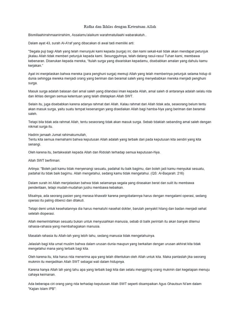 Ridha Dan Ikhlas Dengan Ketentuan Allah | PDF