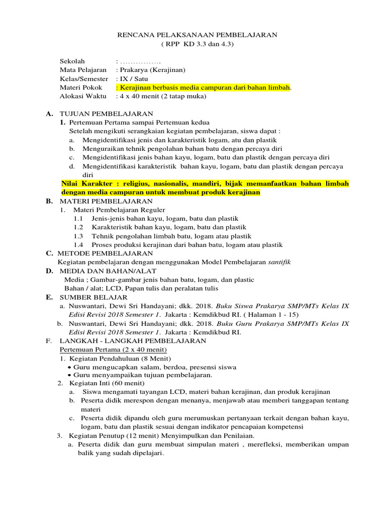 RPP Kerajinan Bahan Limbah | PDF