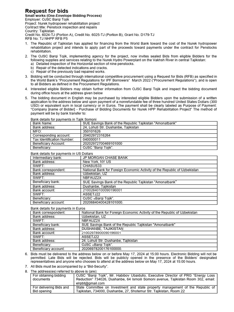 Request For Bids: Small Works (One-Envelope Bidding Process) | PDF | Tajikistan | Procurement