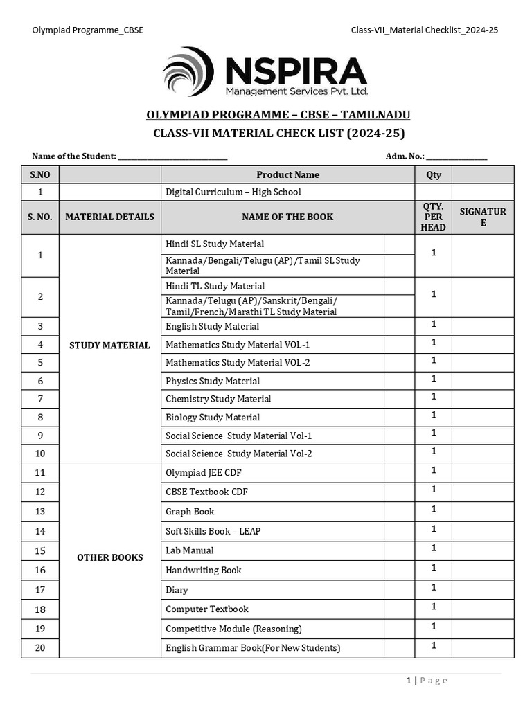 2 - Vii - Olympiad Check List - Cbse - 2024-2025 TN | PDF