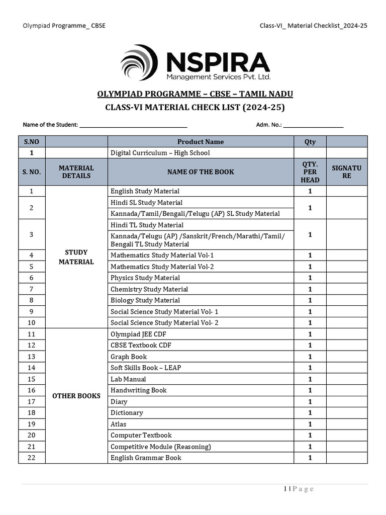1 - Vi - Olympiad Check List - Tamil Nadu | PDF | Textbook