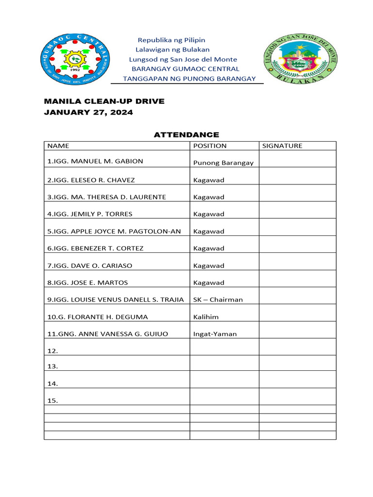 Manila Clean-Up Drive Attendance Report | PDF