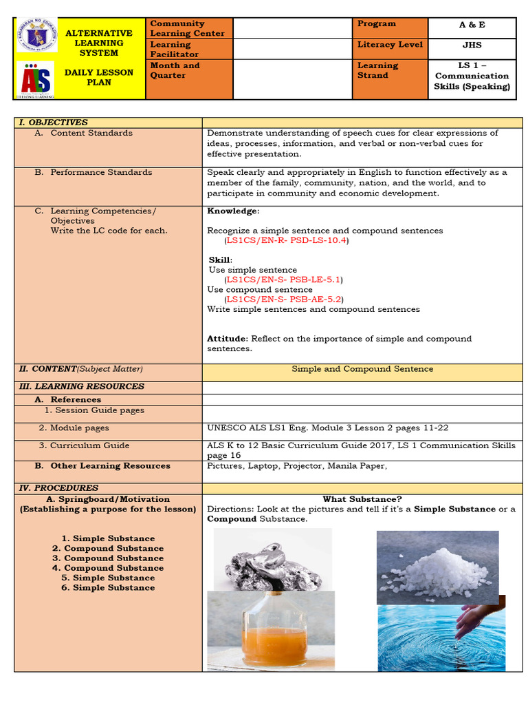 Daily Lesson Plan: Simple & Compound Sentences | PDF | Learning ...