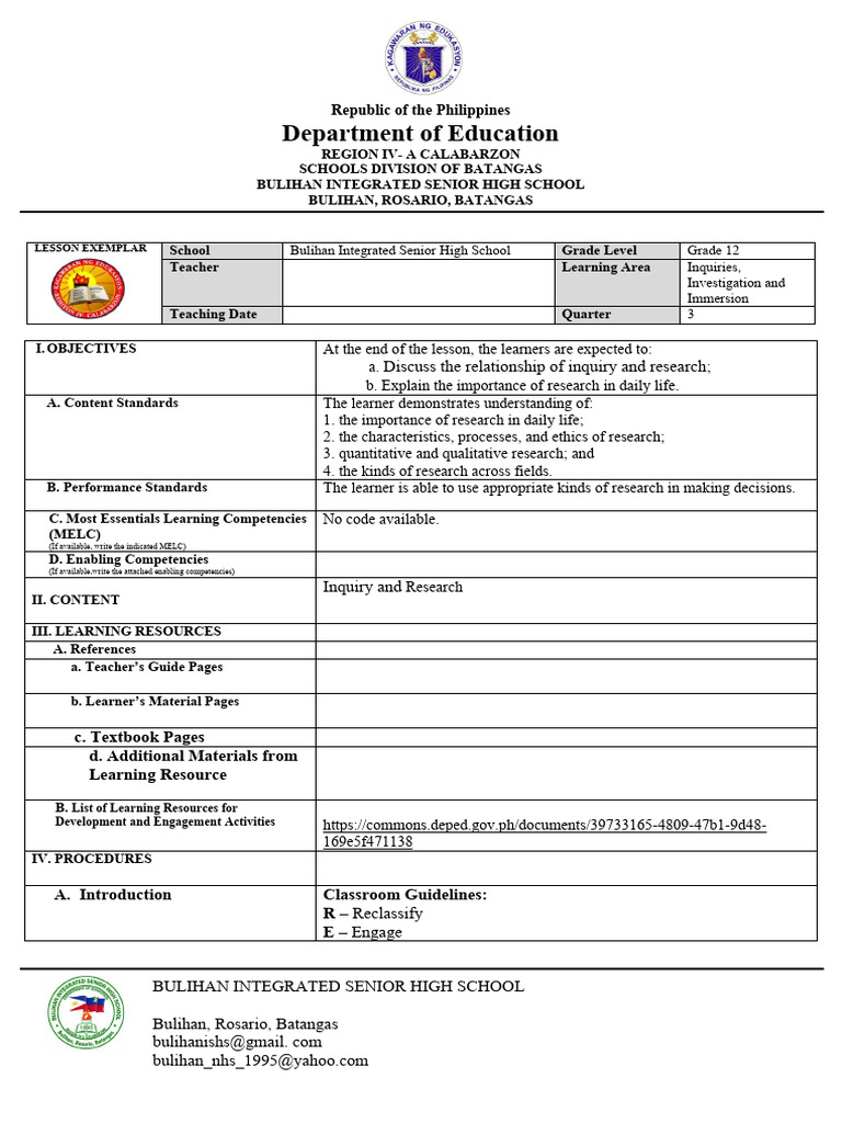 01 Reference English Detailed Lesson Plan Deped | PDF | Learning | Inquiry