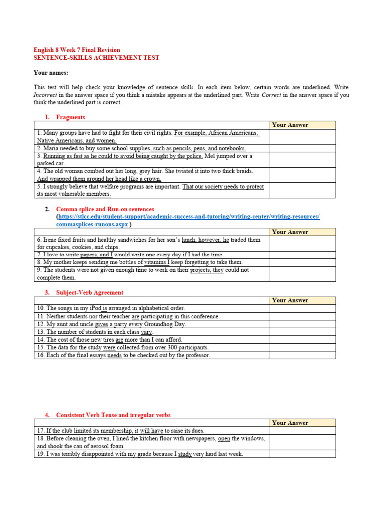 Eng8 W7 Sentence Skills Achievement Test | PDF | Linguistics | Syntax