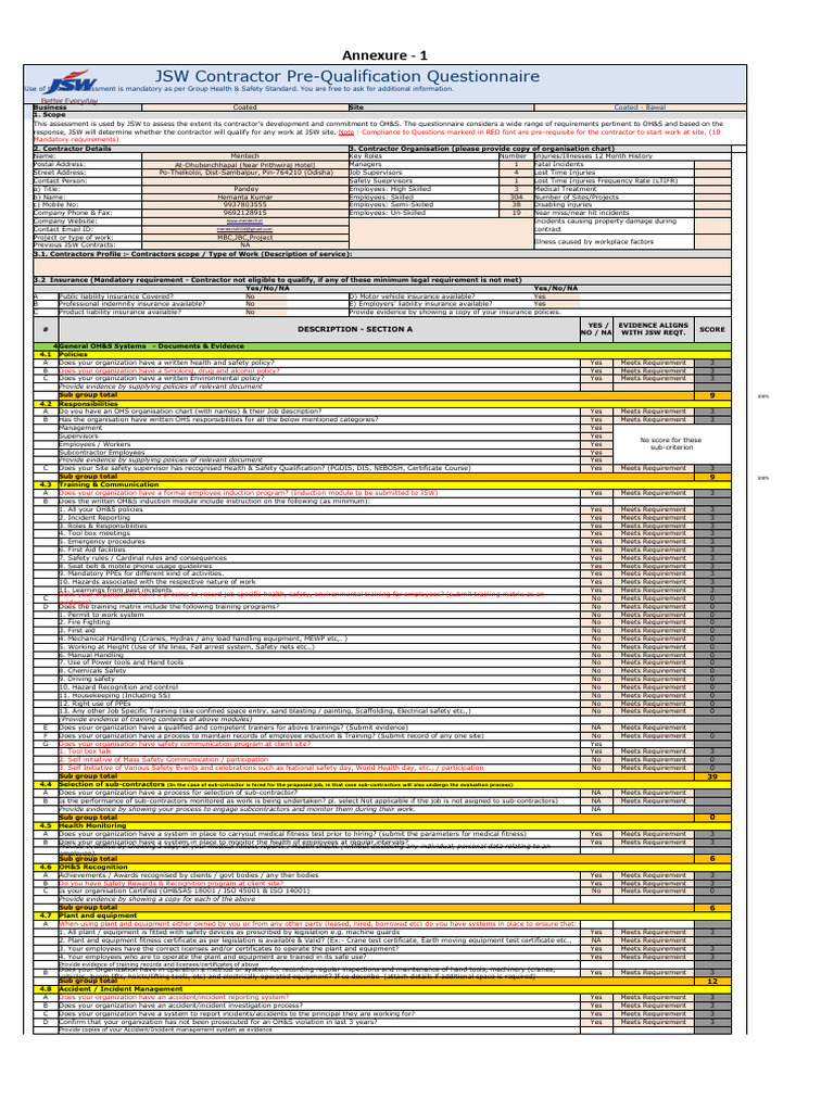 PQA Qualification Score for High-Risk Contractors | PDF | Personal ...