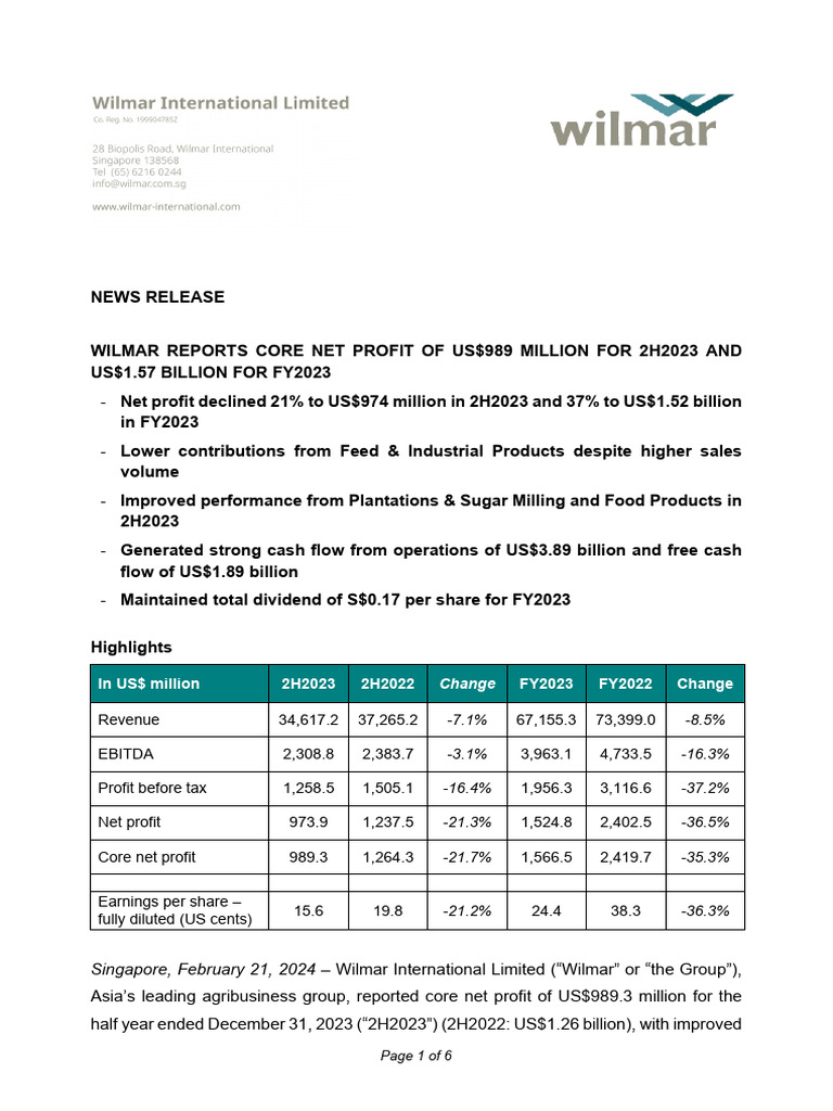 Wilmar's 2023 Profit and Revenue Report | PDF | Dividend | Economies