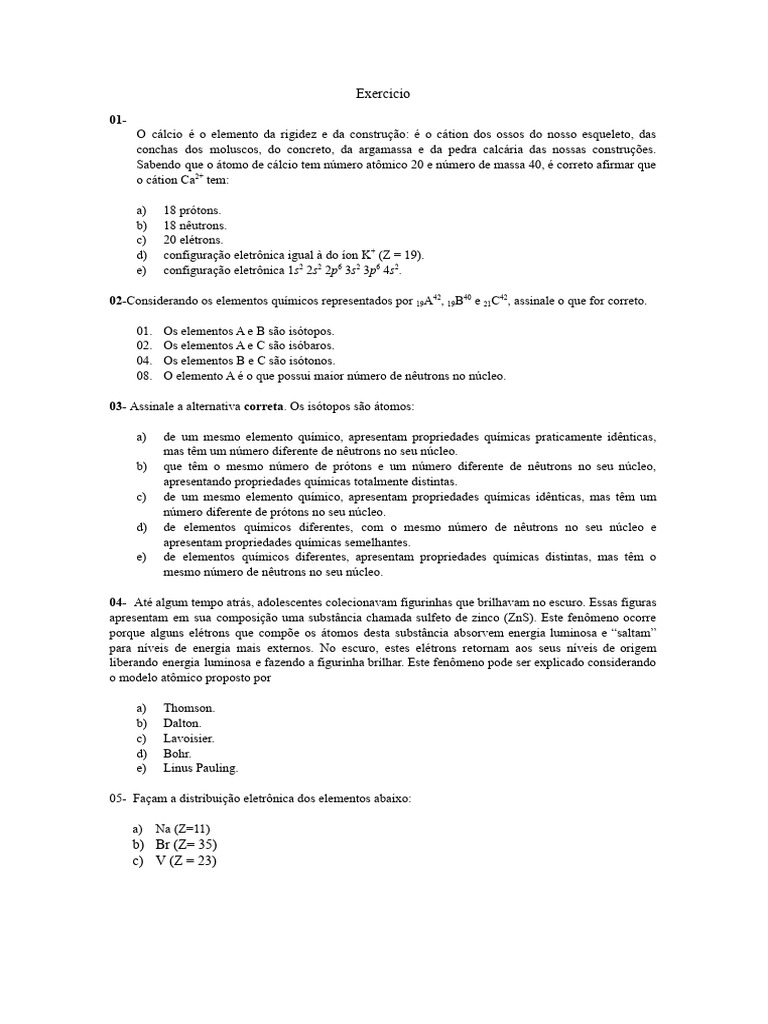 Lista de Exerc - Estrutura Eletroì Nica | PDF | Química | Núcleo atômico